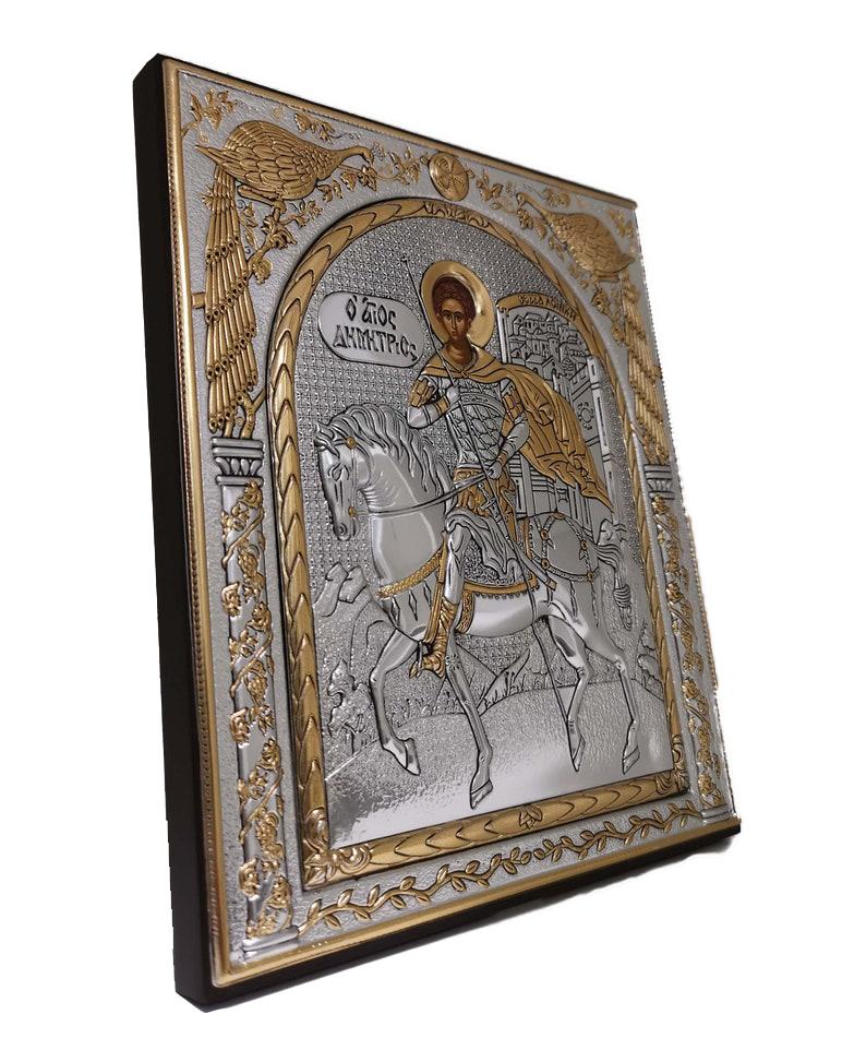 Icoană argintată cu suport pentru birou Sf. Mc. Dimitrie 25x20 cm