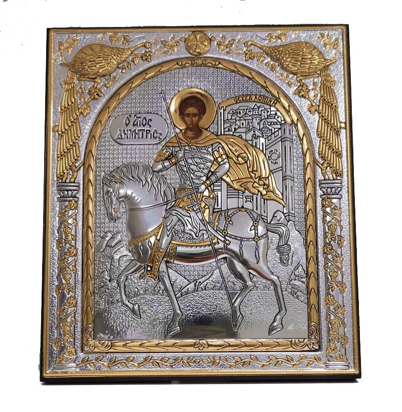 Icoană argintată cu suport pentru birou Sf. Mc. Dimitrie 25x20 cm